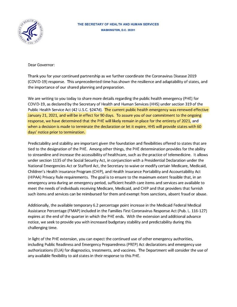 PHE and Waivers Extended Through 2021 Likely - HHS Letter to Governors ...